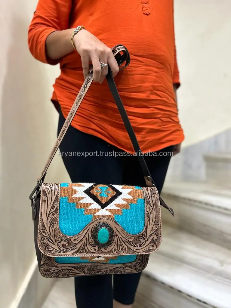 New Innovative Style Western Aztec Tooled Leather Bag Vintage Colorful ...