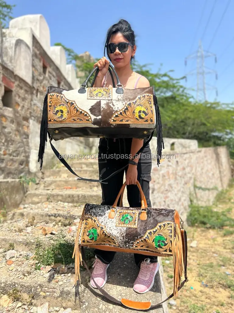 New Real Handmade Vintage Style Tooled Cowhide Fur Leather Duffel Bags ...