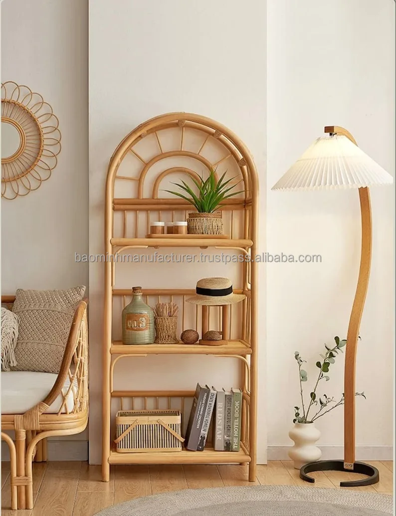 Boho Organic Living Room Shelving Unit Rattan Wicker Shelf Plant Shelf ...