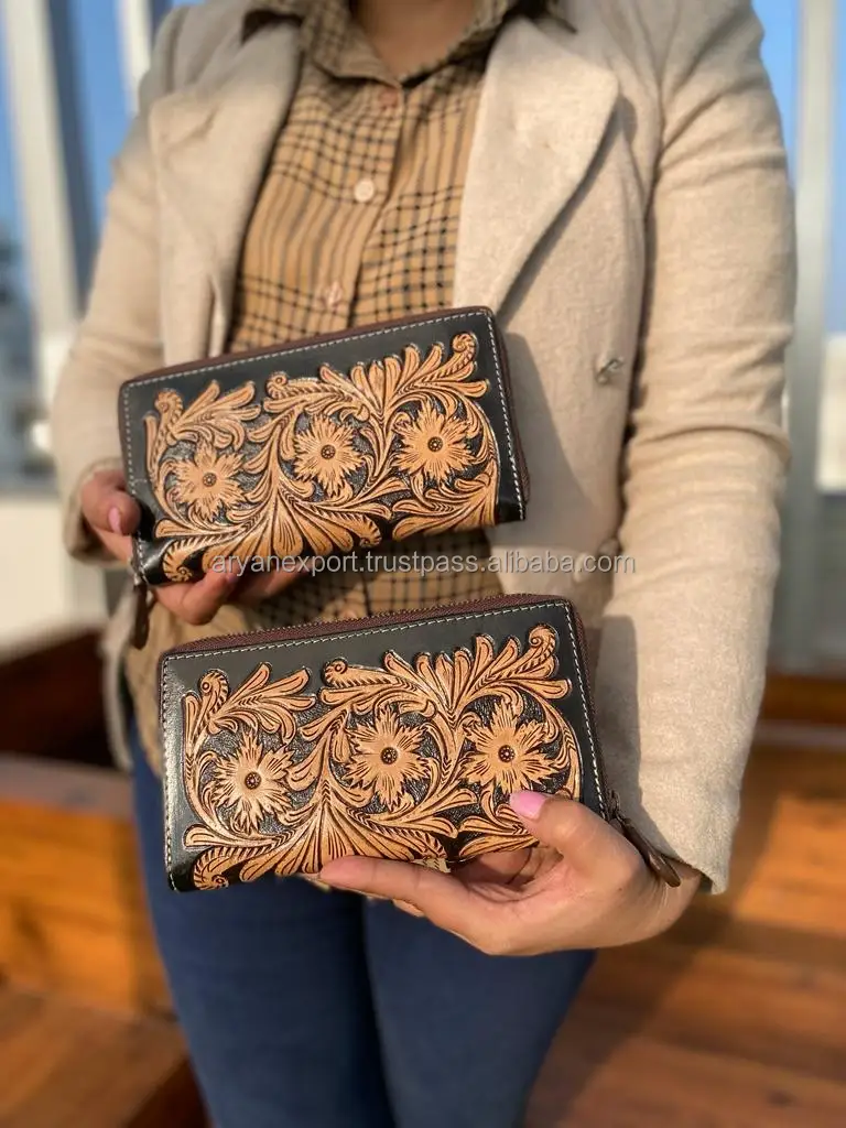 Real Handmade Tooled Leather Western Style Women Clutch Purse Hot ...