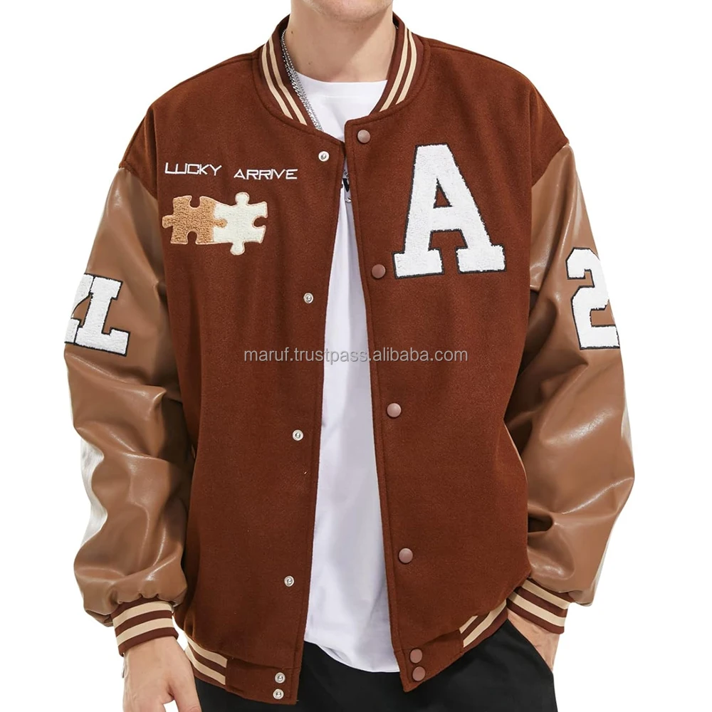 Men's Custom Chenille Embroidery Letterman Varsity Jacket High Street Style with Stand Collar ...