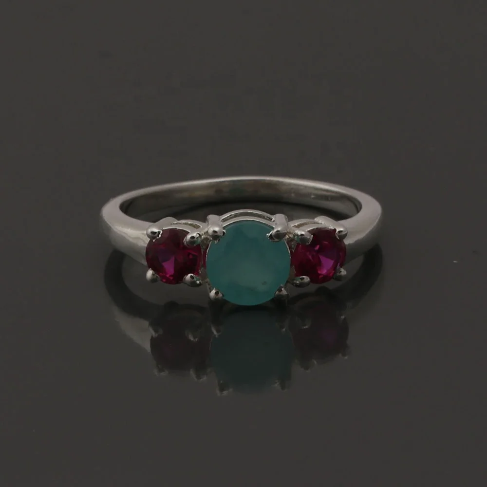 Stylish Prong-Set Aquamarine Chalcedony Pink CZ Gemstone Ring Classic ...