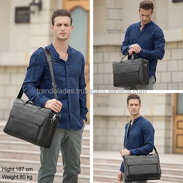 Top Grain Genuine Leather Laptop Briefcase - Black Men's
