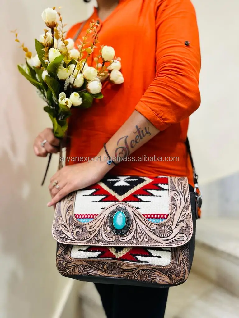 New Innovative Style Western Aztec Tooled Leather Bag Vintage Colorful ...