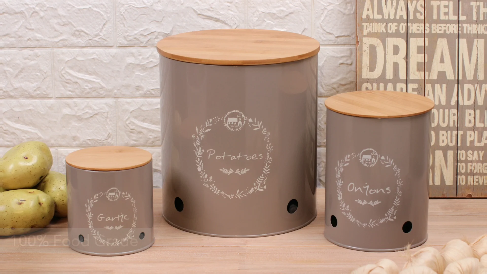 Kitchen Set Of 3 Potatoes Onion Garlic Storage Bin With Unique Bamboo ...