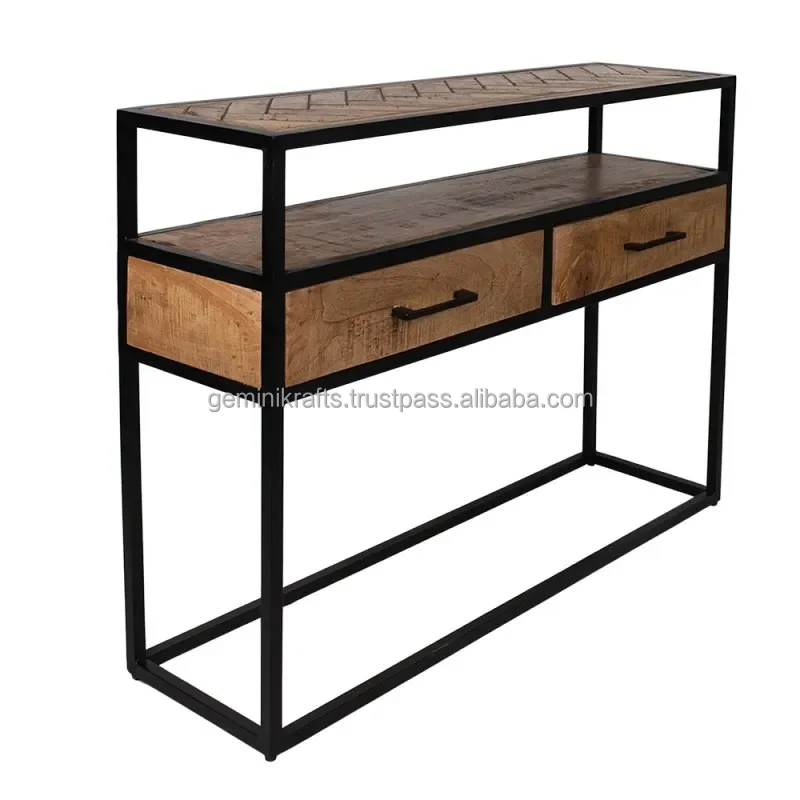 Industrial Iron & Wooden Console Table With Black And Natural Finished ...