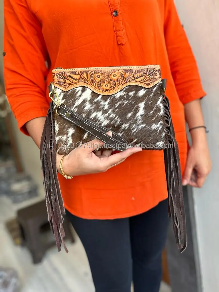 Hand Tooled Hair On Hide Fur Leather Fringe Handbag Stylish Women ...