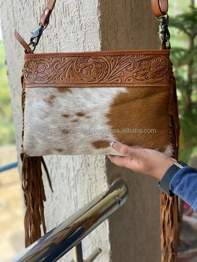 Fashion Hand Tooled Hair On Hide Fur Leather Fringe Handbag Stylish ...