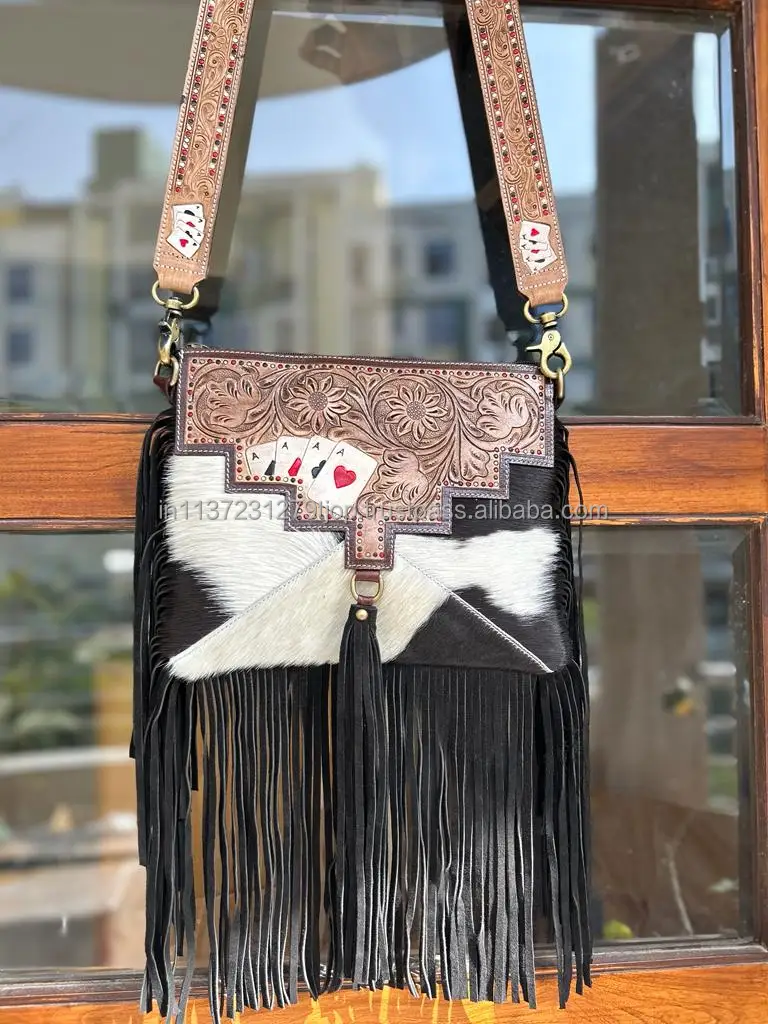 New Western Style Handcrafted Tooled Hair On Hide Fur Leather Fringe ...