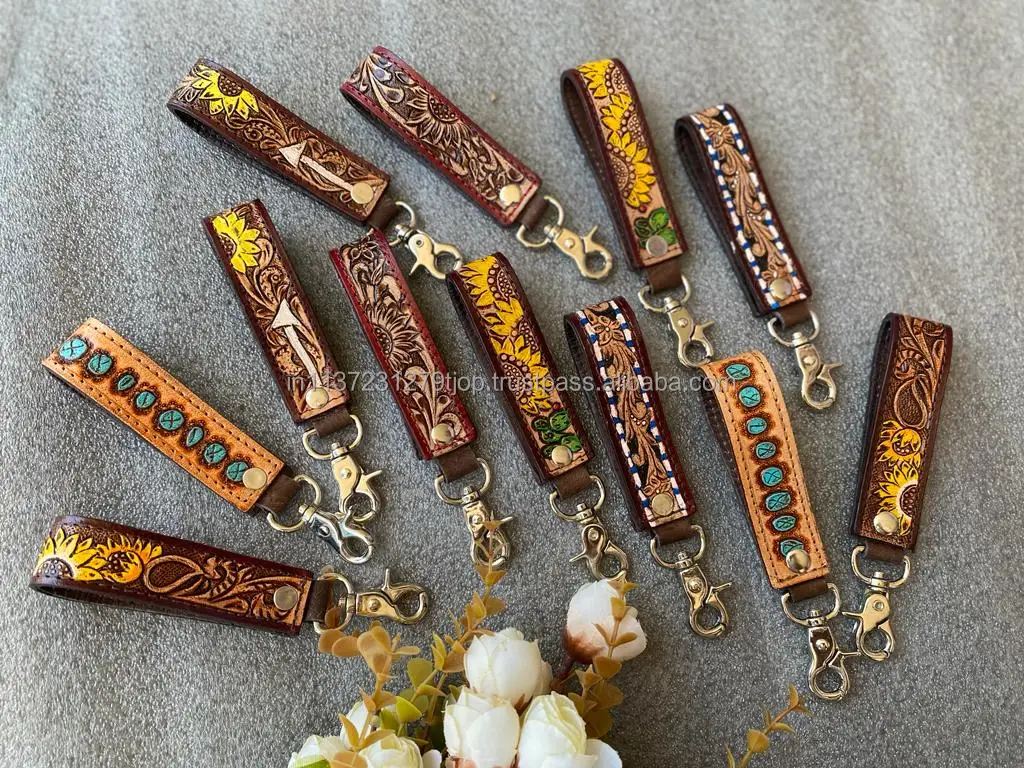 Hand Carved Tooled Leather Key Chains Embossed Floral Print Leather Key ...