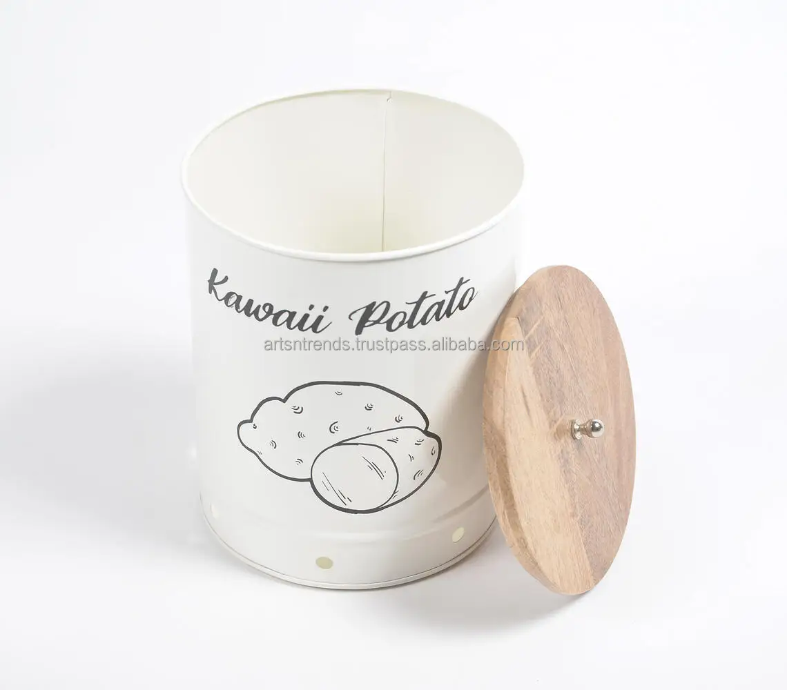 Galvanized Iron Customised Kawaii Potato Storage Jar With Wooden Lid ...
