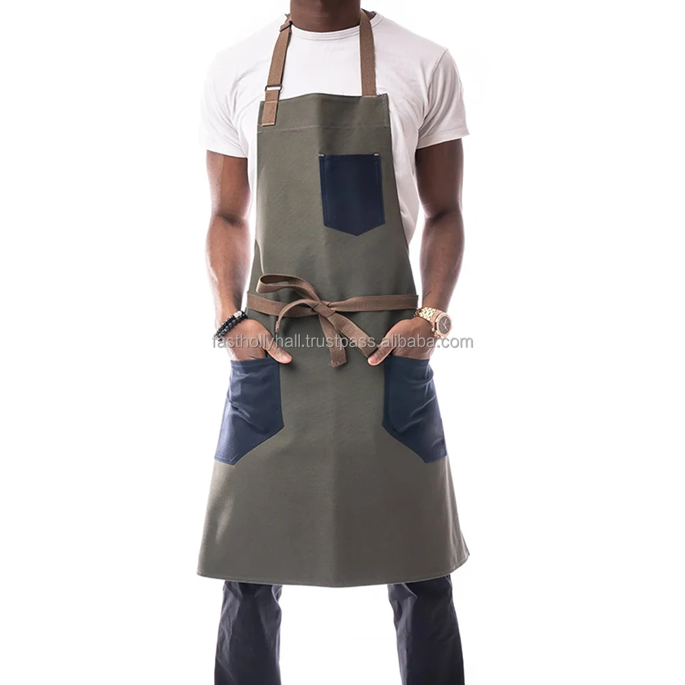 This Apron Features Deep Green Color With Contrasting Blue Pockets And ...
