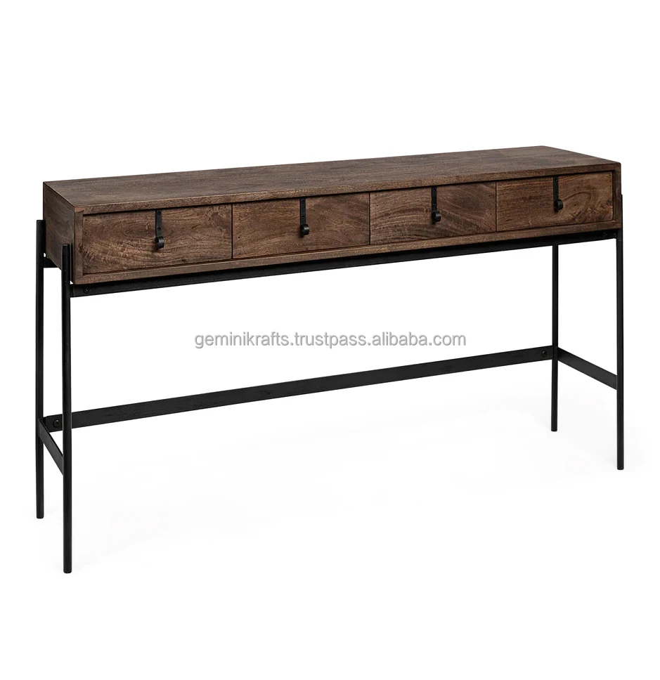 Modern Industrial Console Table Mango Wood Finish 4 Storage Drawers ...