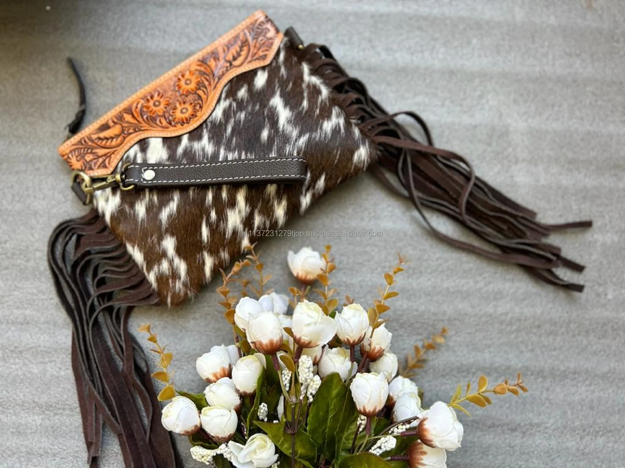 Hand Tooled Hair On Hide Fur Leather Fringe Handbag Stylish Women ...