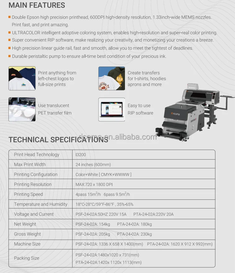 RiCOMA Factory Dtf Printer 60cm 2 Heads Dtg Printer T-shirt Printing ...