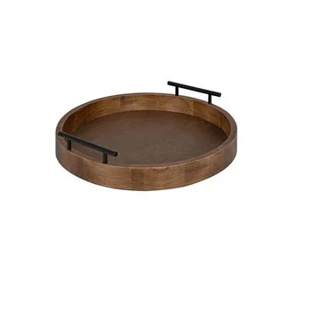 Modern Round Wood Tray Rustic Brown With Black Handles Decorative ...