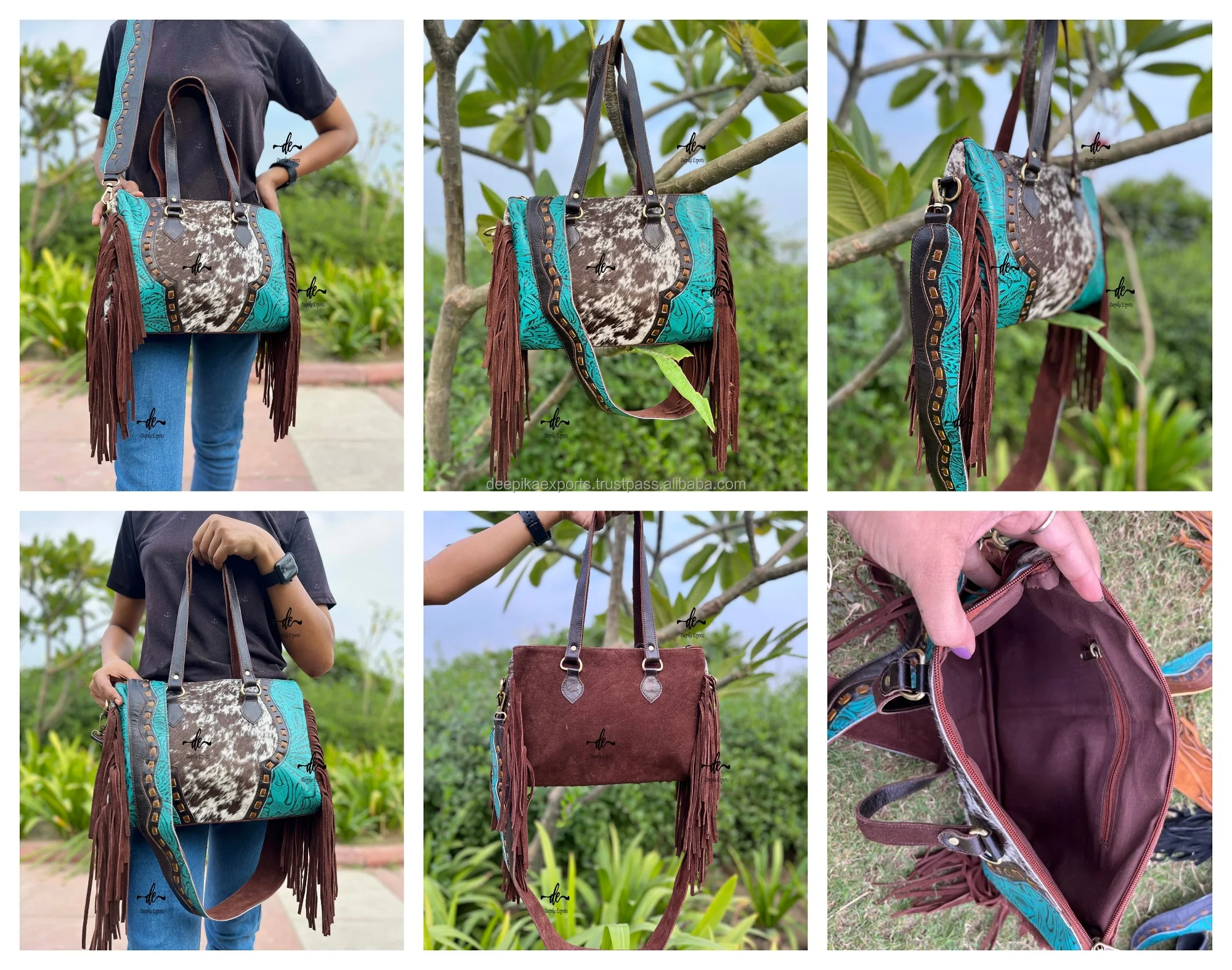 Western Pattern Cowhide Leather Hand Tooled Carving Leather Fringe Tote ...