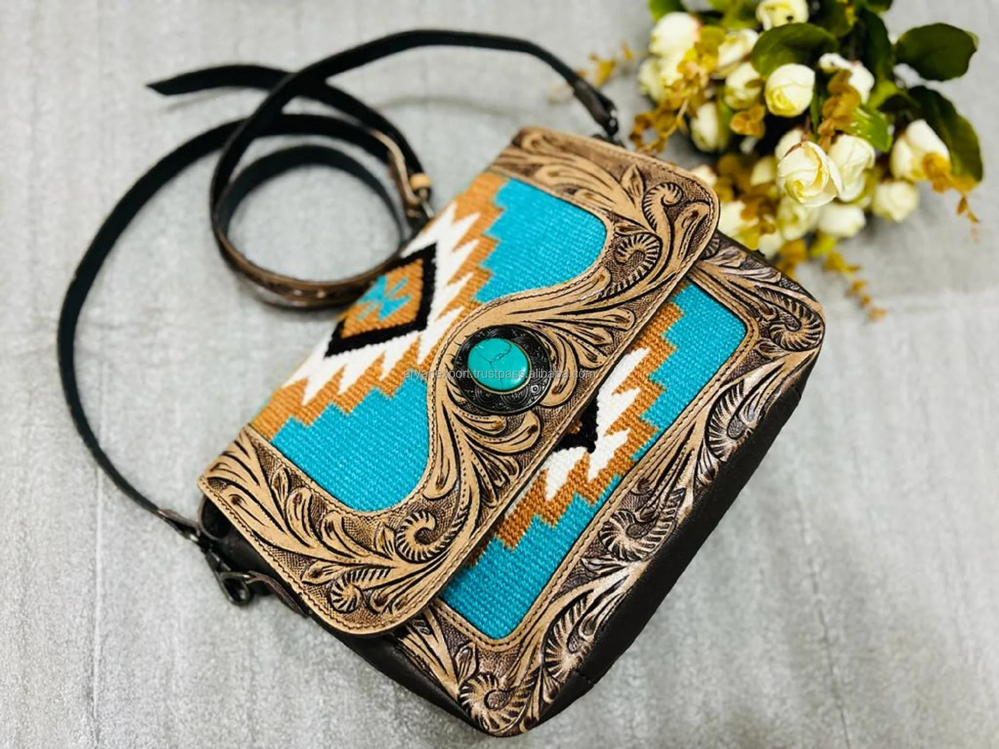 New Innovative Style Western Aztec Tooled Leather Bag Vintage Colorful ...