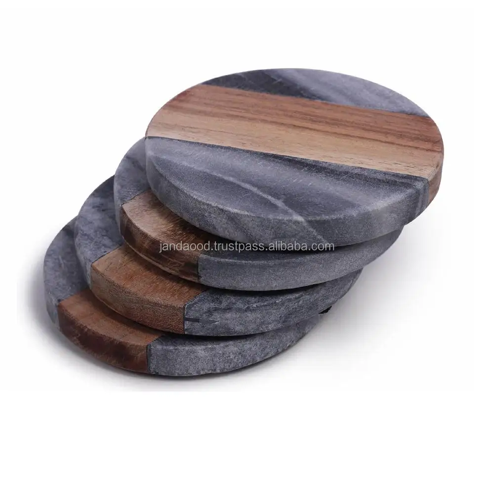 Modern Black Round Wood & Marble Set Of 4 Coaster For Coffee Drink Tea ...