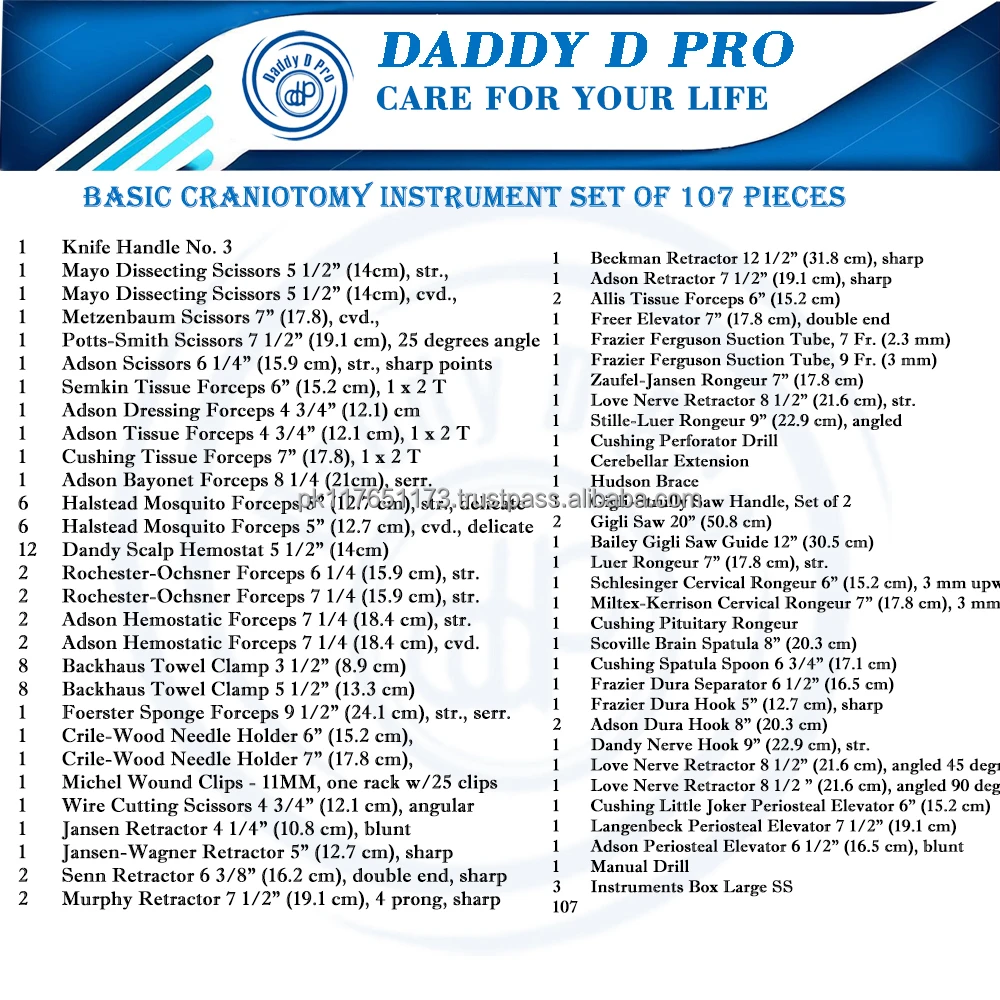 Basic CRANIOTOMY INSTRUMENTS SET of 107 PIECES by DADDY D PRO