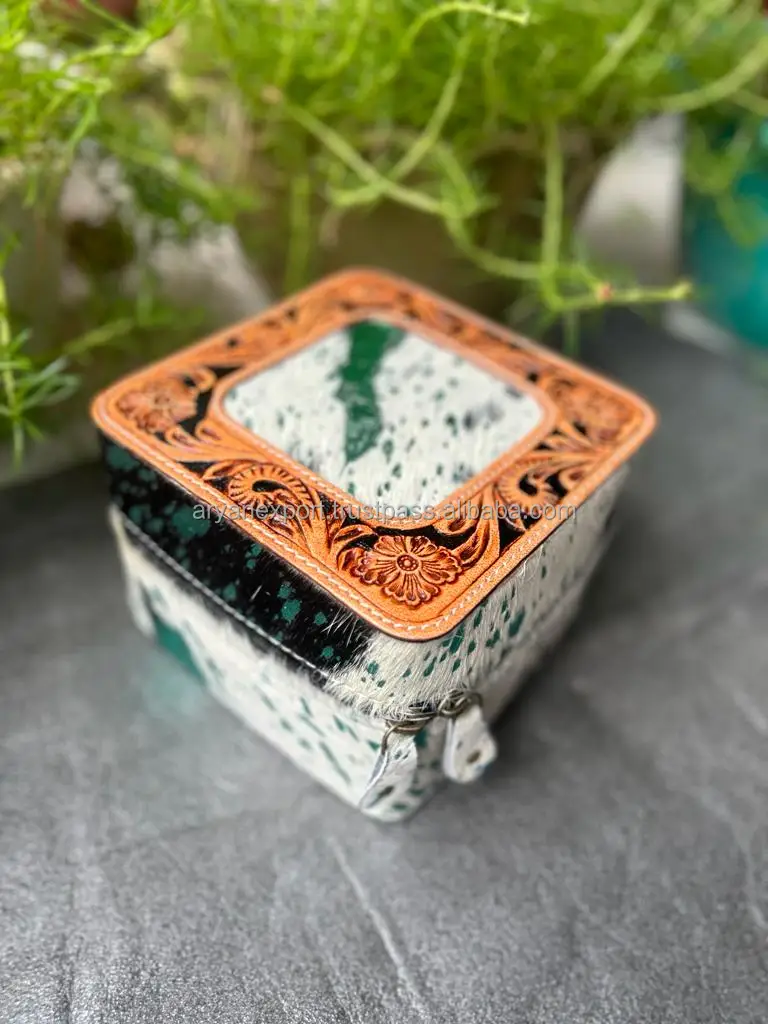 New Western Style Handcrafted Tooled Metallic Hair On Hide Fur Leather Jewelry Box Cute Travel ...