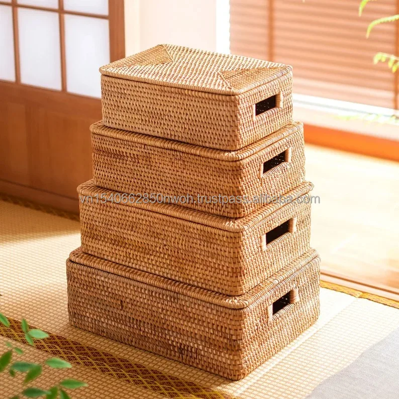 Set 3 Wicker Rectangular Baskets with Wooden Handles for Shelves Water ...