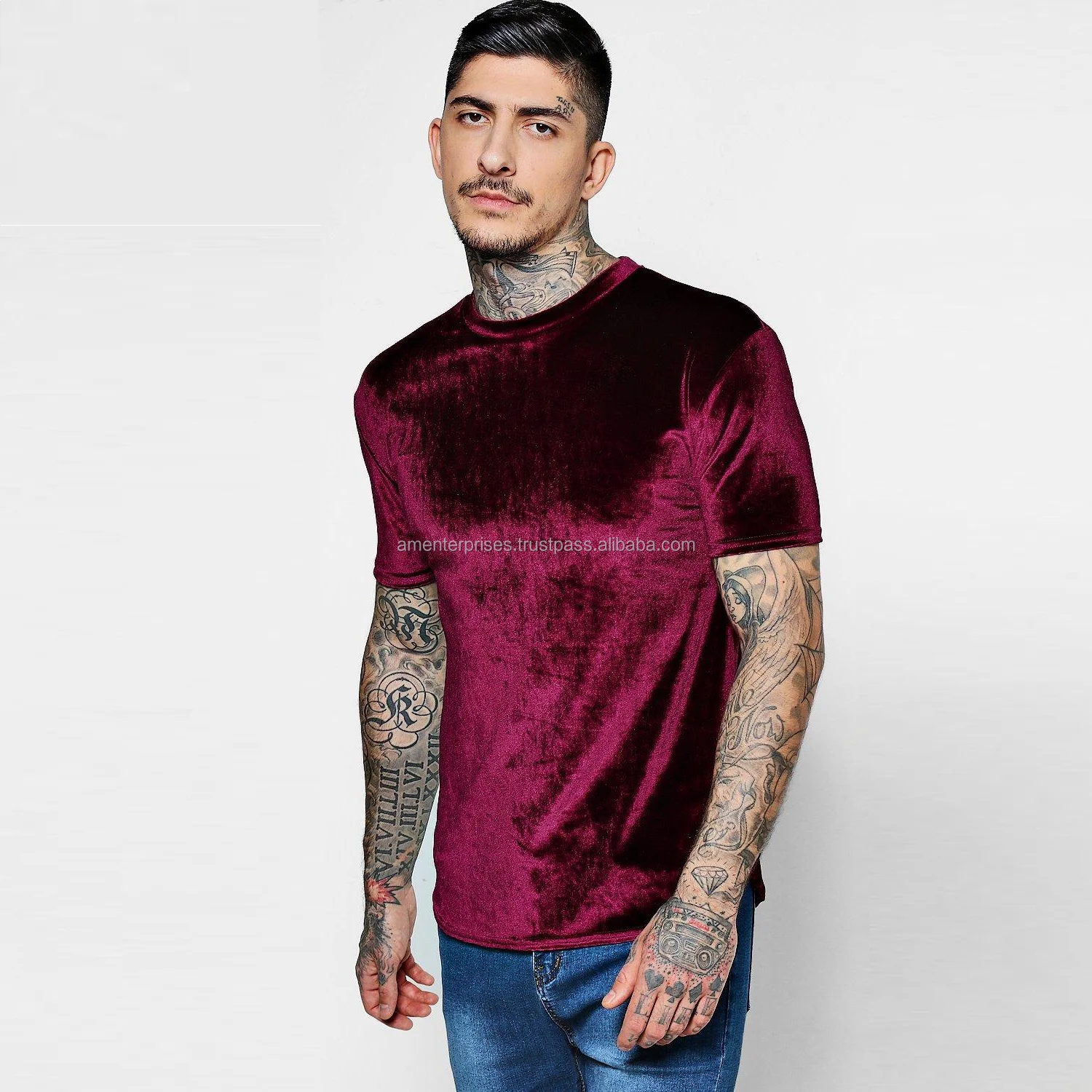 Men 2023 Plain Blue Color Elongated Men Oversized Velvet T Shirt Velour T Shirts Men Tall Short ...