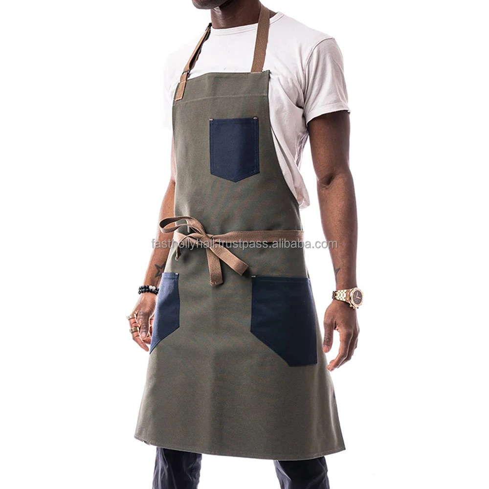 This Apron Features Deep Green Color With Contrasting Blue Pockets And ...