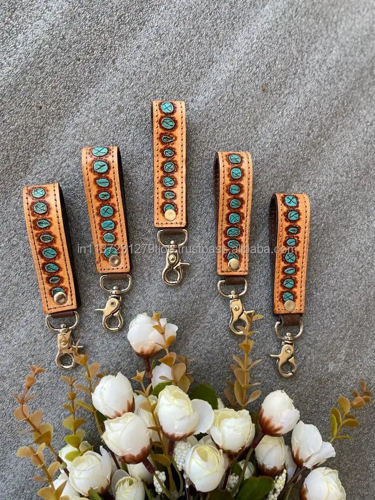 Hand Carved Tooled Leather Key Chains Embossed Floral Print Leather Key ...