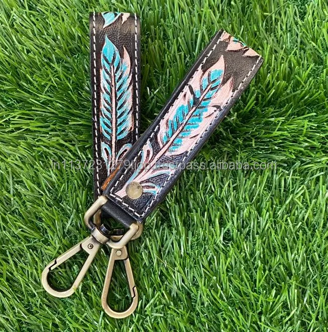 Hand Carved Tooled Leather Key Chains Embossed Floral Print Leather Key ...