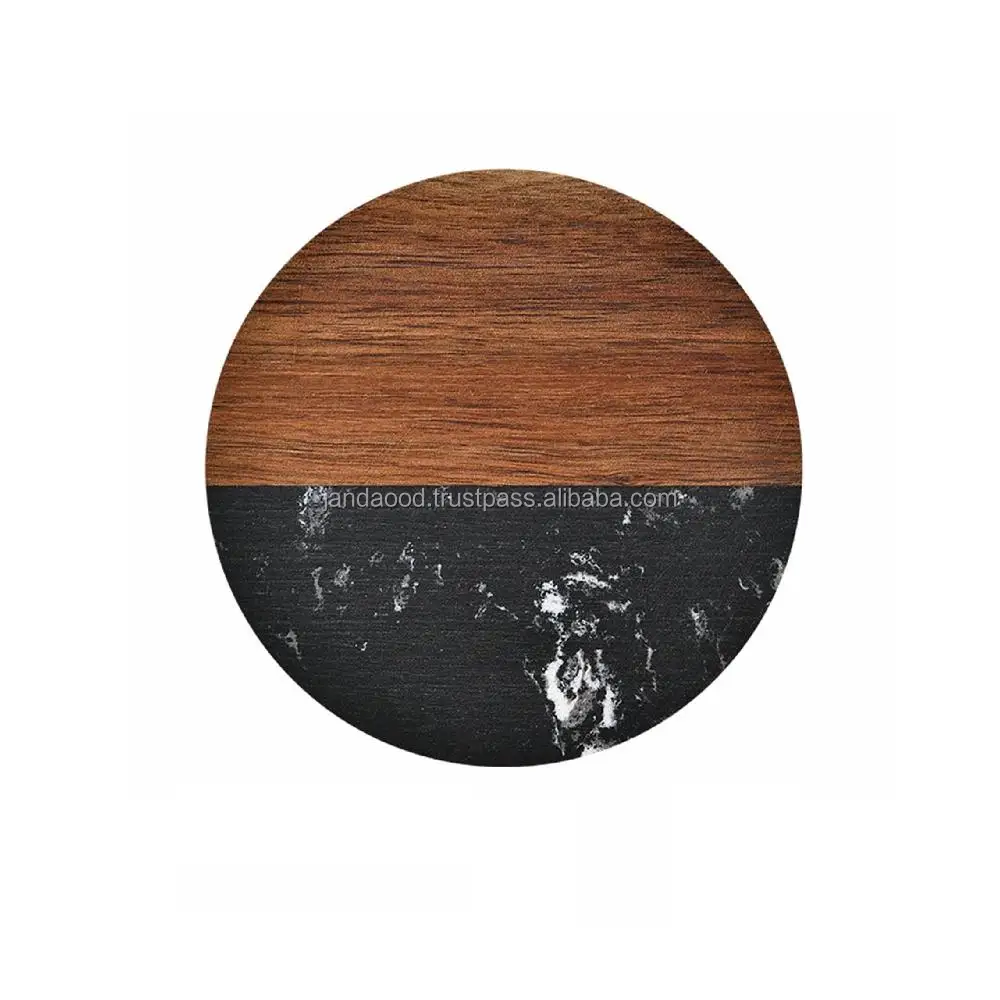 Modern Black Round Wood & Marble Set Of 4 Coaster For Coffee Drink Tea ...
