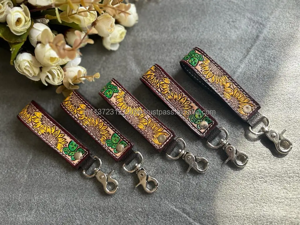 Hand Carved Tooled Leather Key Chains Embossed Floral Print Leather Key ...