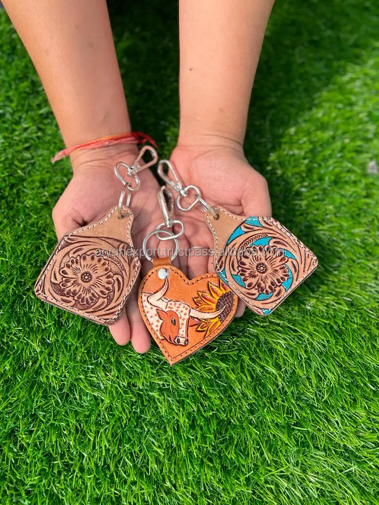Hand Carved Tooled Leather Key Chains Cute Exotic Shape Leather Key ...