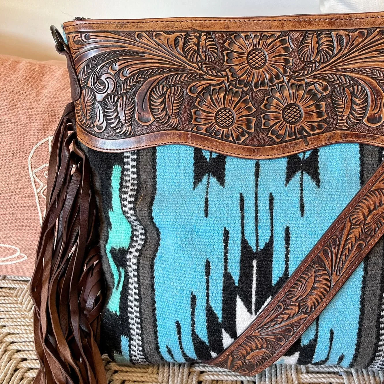 New Trending Saddle Blanket Crossbody Purse With Hand-tooled Floral ...