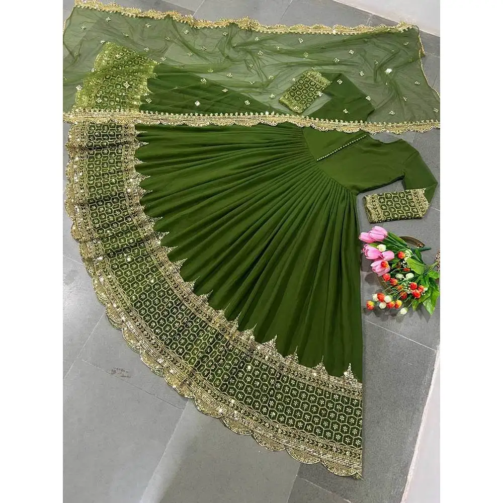 Fancy Georgette Embroidery Sequence Work Gown with Dupatta Green ...