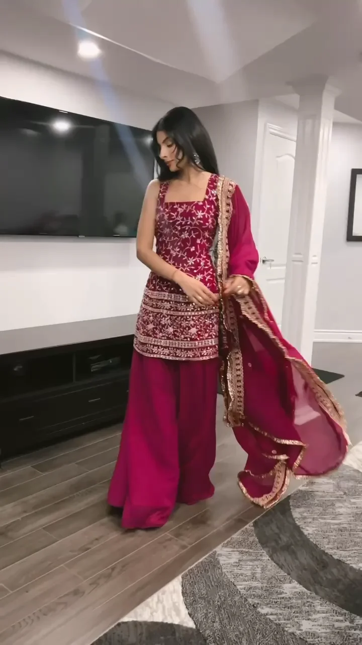 Readymade Indian Sequin Embroidered Sharara Gharara Kurti Set Georgette ...