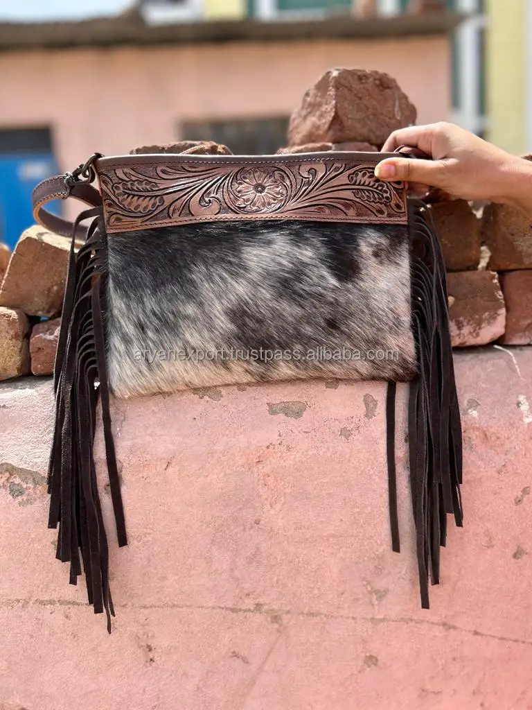 Hand Tooled Hair On Hide Fur Leather Fringe Handbag Stylish Women ...
