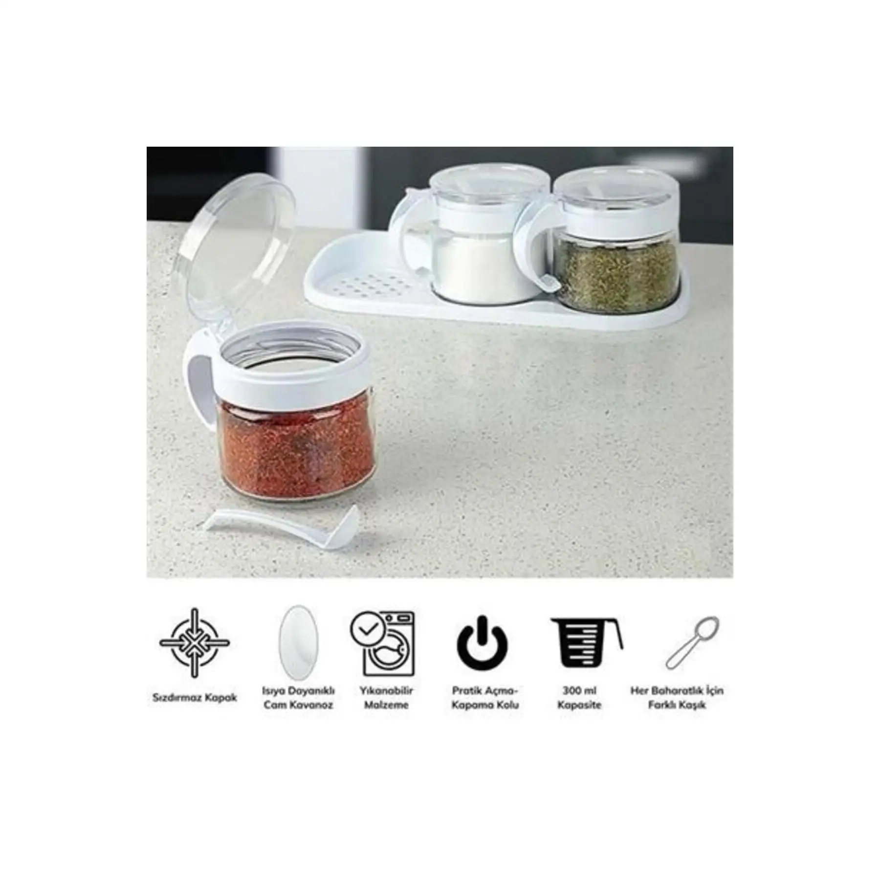 White 3-piece Stand Glass Airtight Spice Jar Set With Lid And Spoon Kc ...