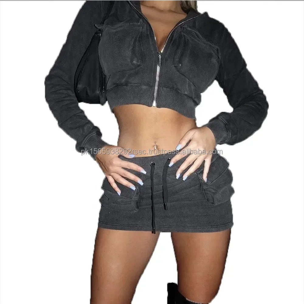 Women's Sexy Cargo Pockets Ladies Mini Skirts And Shorts Sets Acid Washed Crop Hoodie And Skirt ...