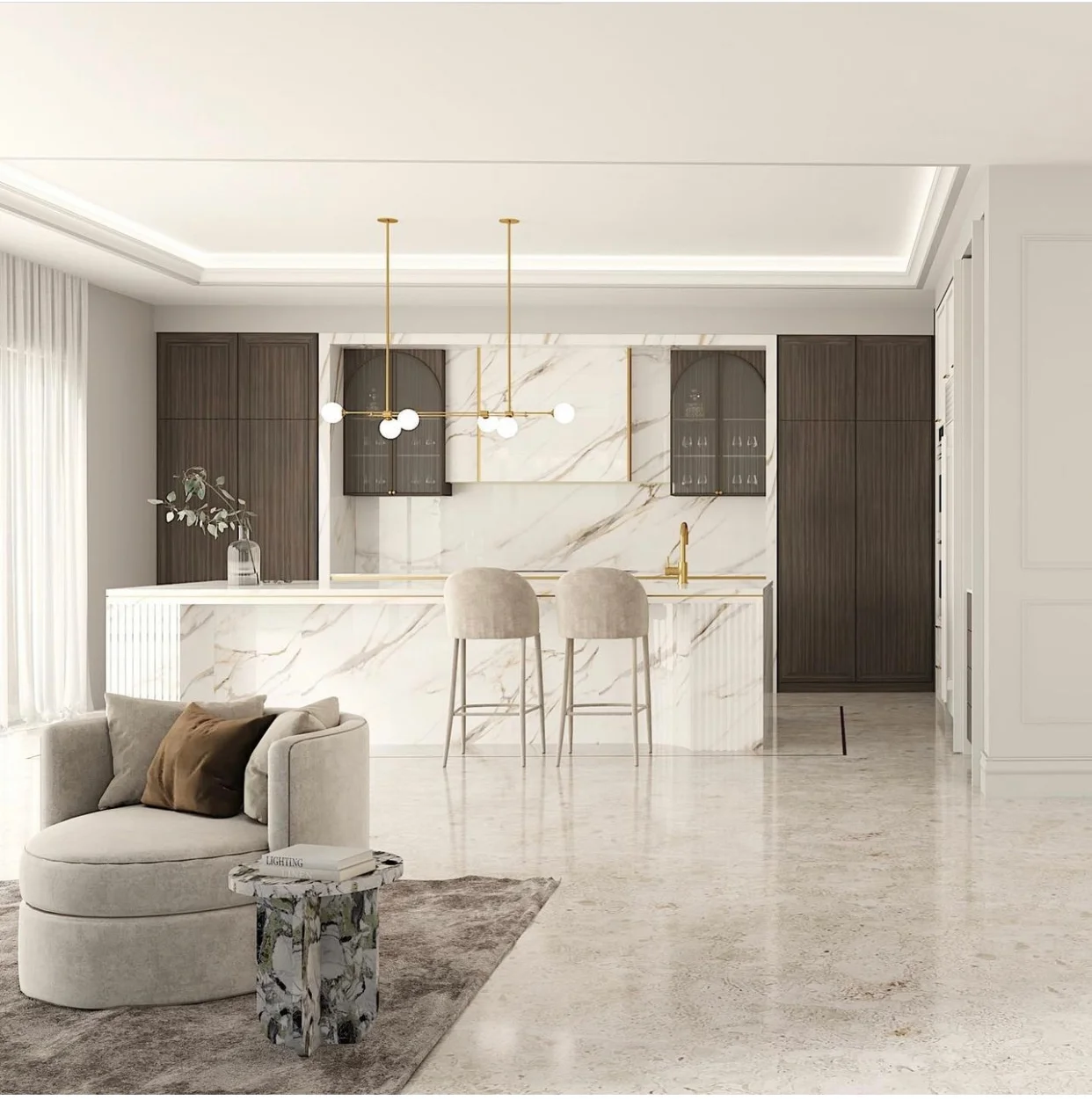 Italian Design Walnut Veneer Arched Door Kitchen Cabinet With 2pac ...