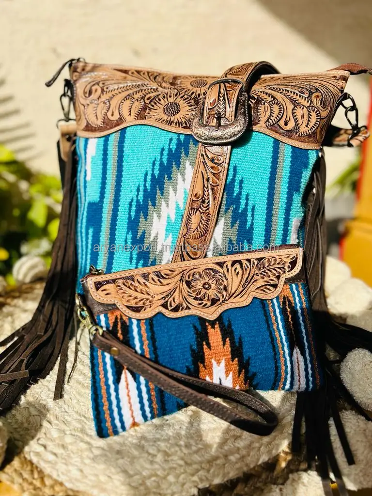 New Western Traditional Style Aztec Tooled Leather Handbag Women's ...