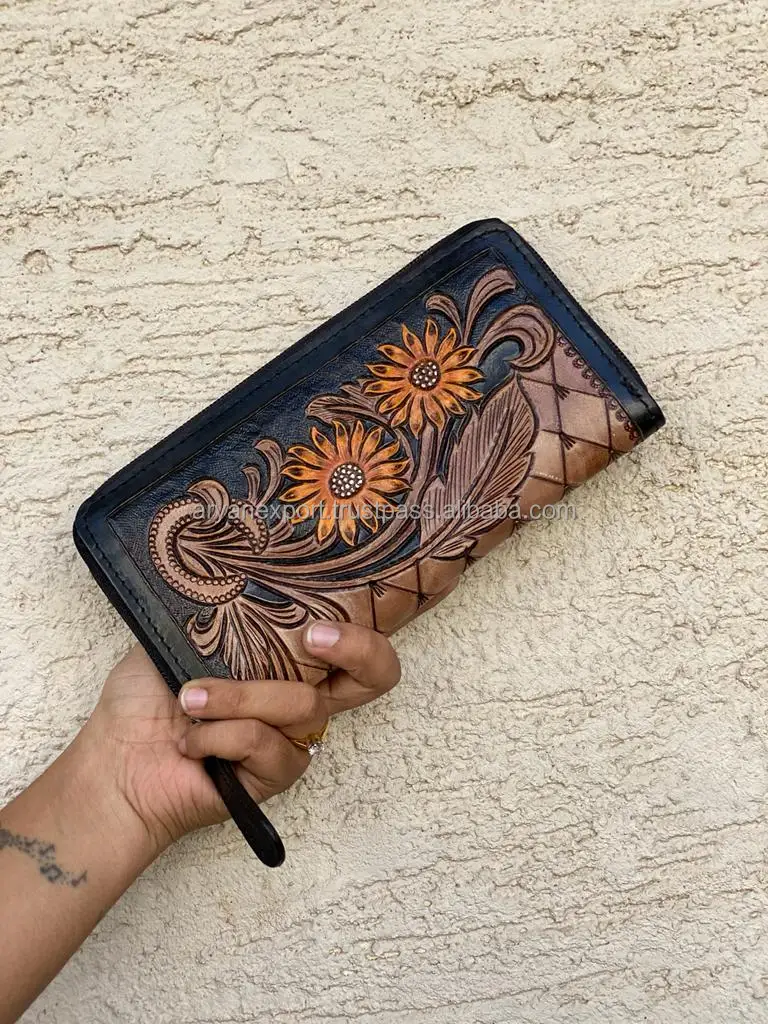 Hand Tooled Carving Wallet Clutch Phone Case Stylish Sun Flower Yellow ...