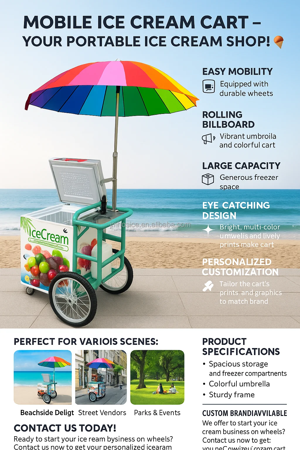 Commercial Mobile Ice Cream Cart - Refrigerated Push Carts
