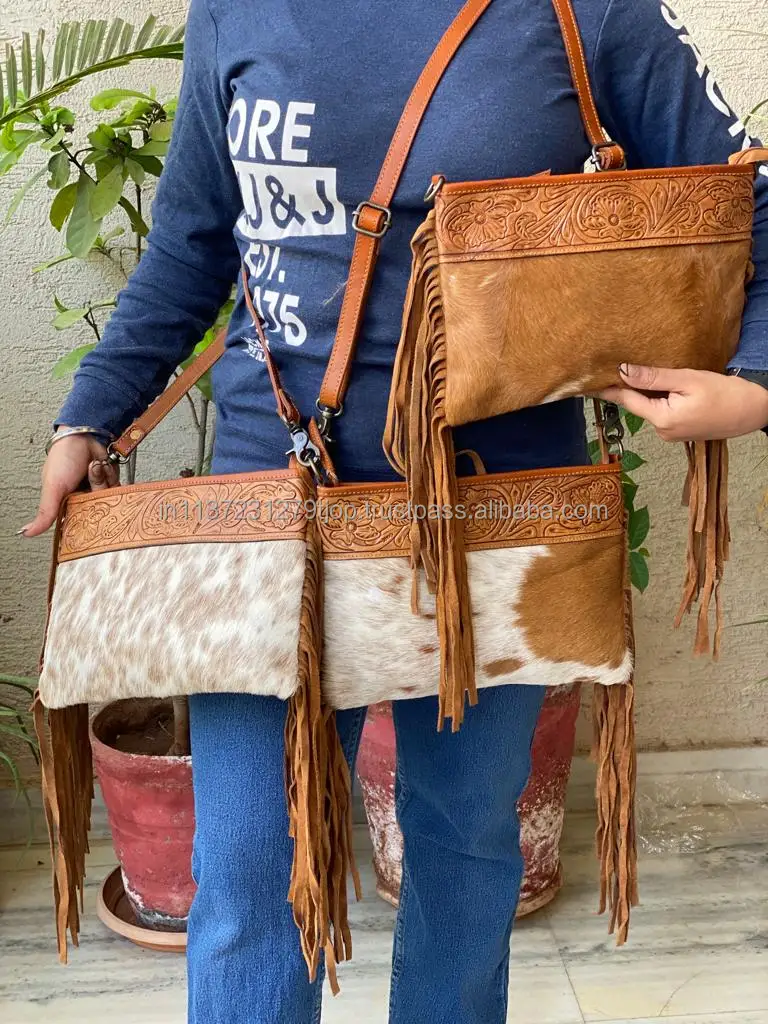 Fashion Hand Tooled Hair On Hide Fur Leather Fringe Handbag Stylish ...