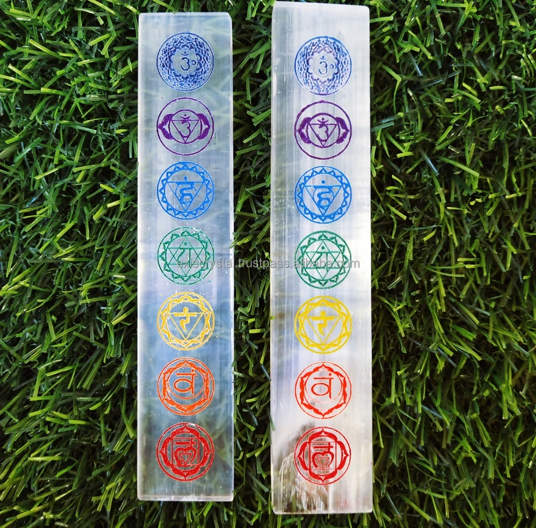 Selenite Seven Chakra Symbols Engraved Selenite Stick Plate Wands For ...