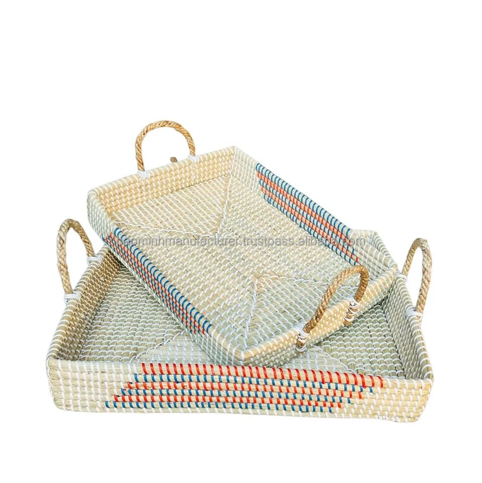 Colorful Set Of 2 Rectangular Seagrass Woven Serving Tray With Handles ...