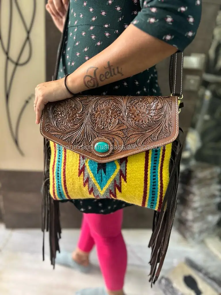 New Innovative Western Aztec Tooled Leather Bag Vintage Colorful ...