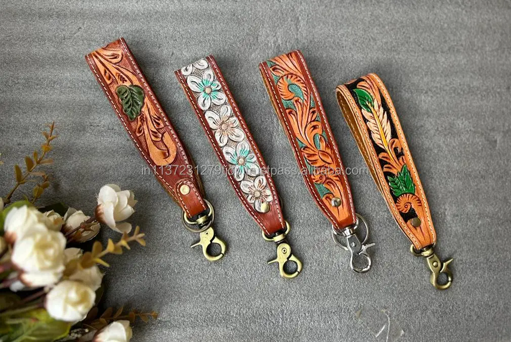 New Arrival Hand Tooled Leather Wristlet Key Fobs Embossed Floral Print ...