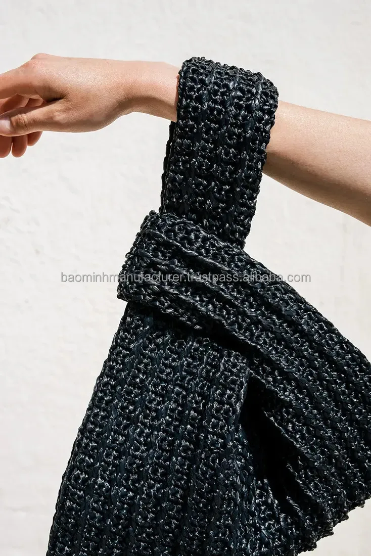 Vietnam Handicraft Black Straw Raffia Knot Bag - Bohemian Style