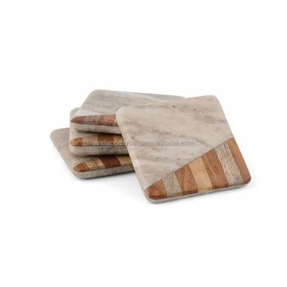 Modern Design Marble & Wood Set Of 4 Coaster For Coffee Drink Tea ...